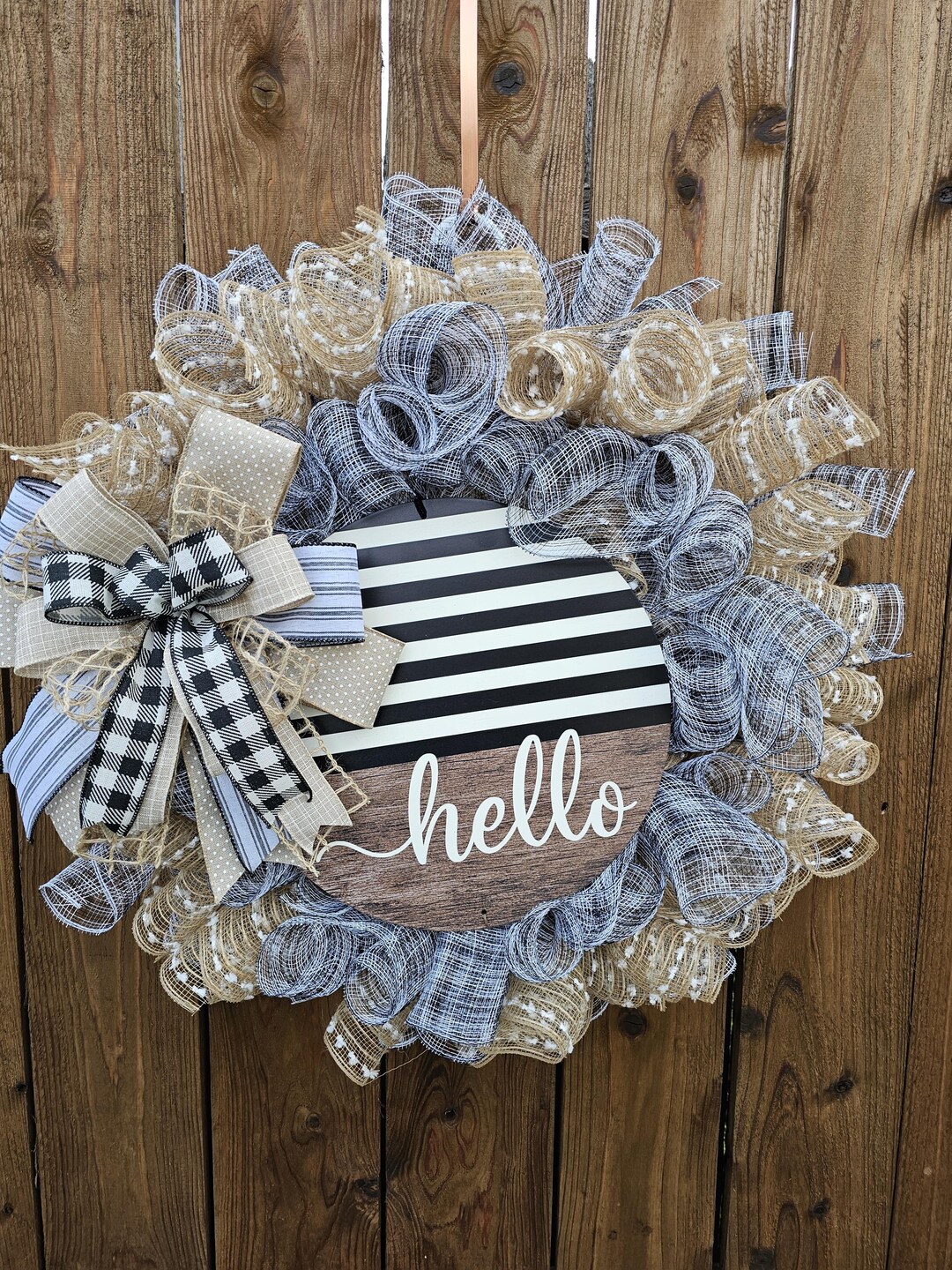 Farmhouse Hello Wreath, Black and White Front Door Decor, Rustic Mesh ...