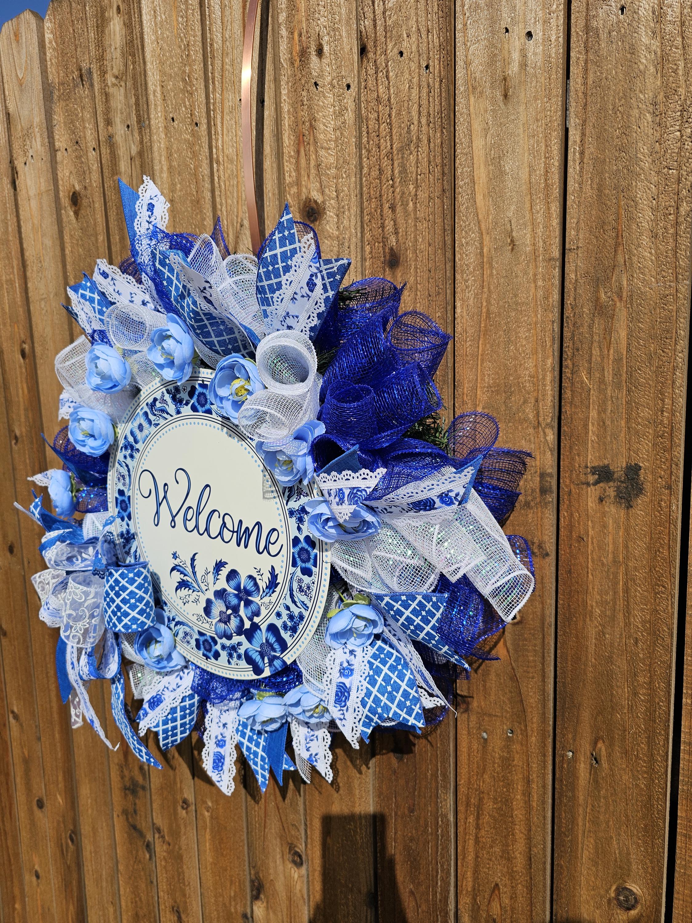 Blue and White Chinoiserie Welcome Wreath, Front Door Decor, Farmhouse ...