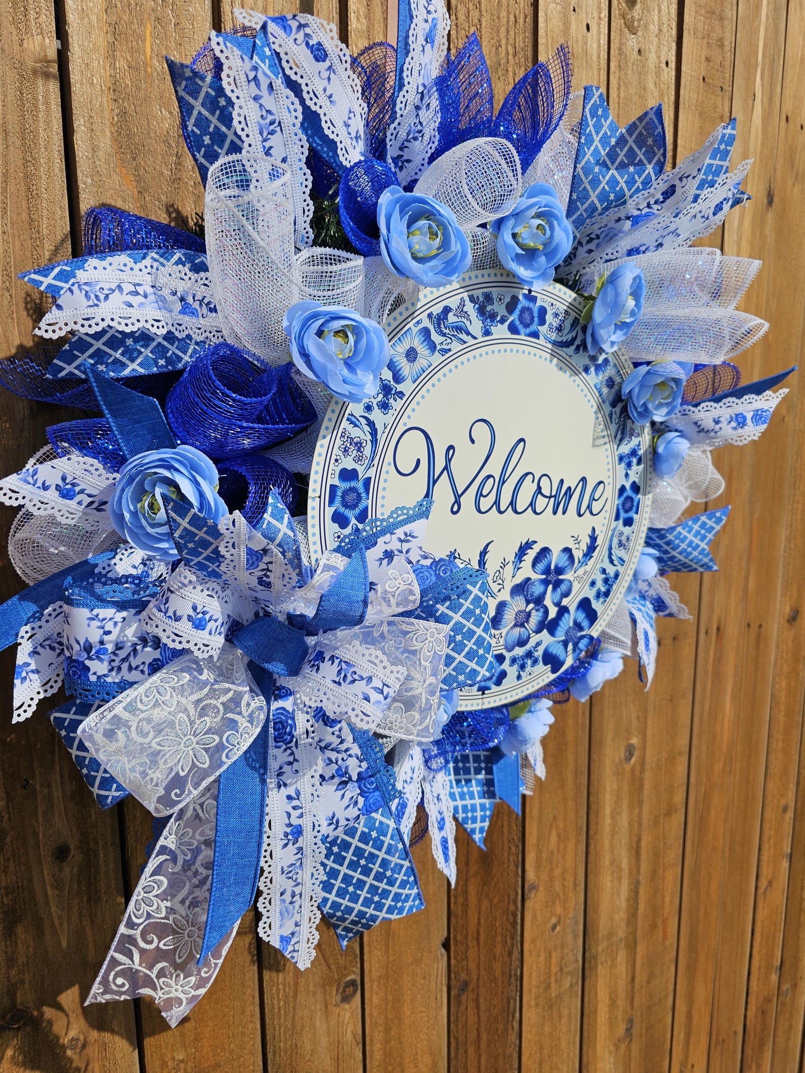 Blue and White Chinoiserie Welcome Wreath, Front Door Decor, Farmhouse ...