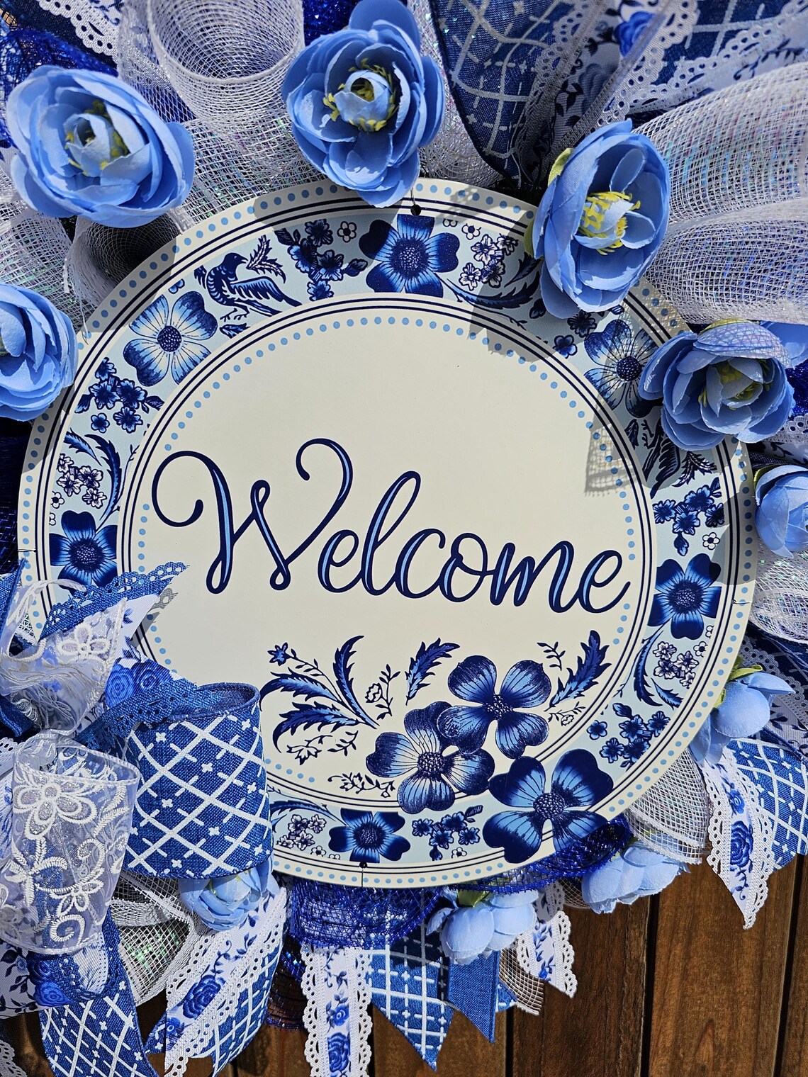 Blue and White Chinoiserie Welcome Wreath, Front Door Decor, Farmhouse ...