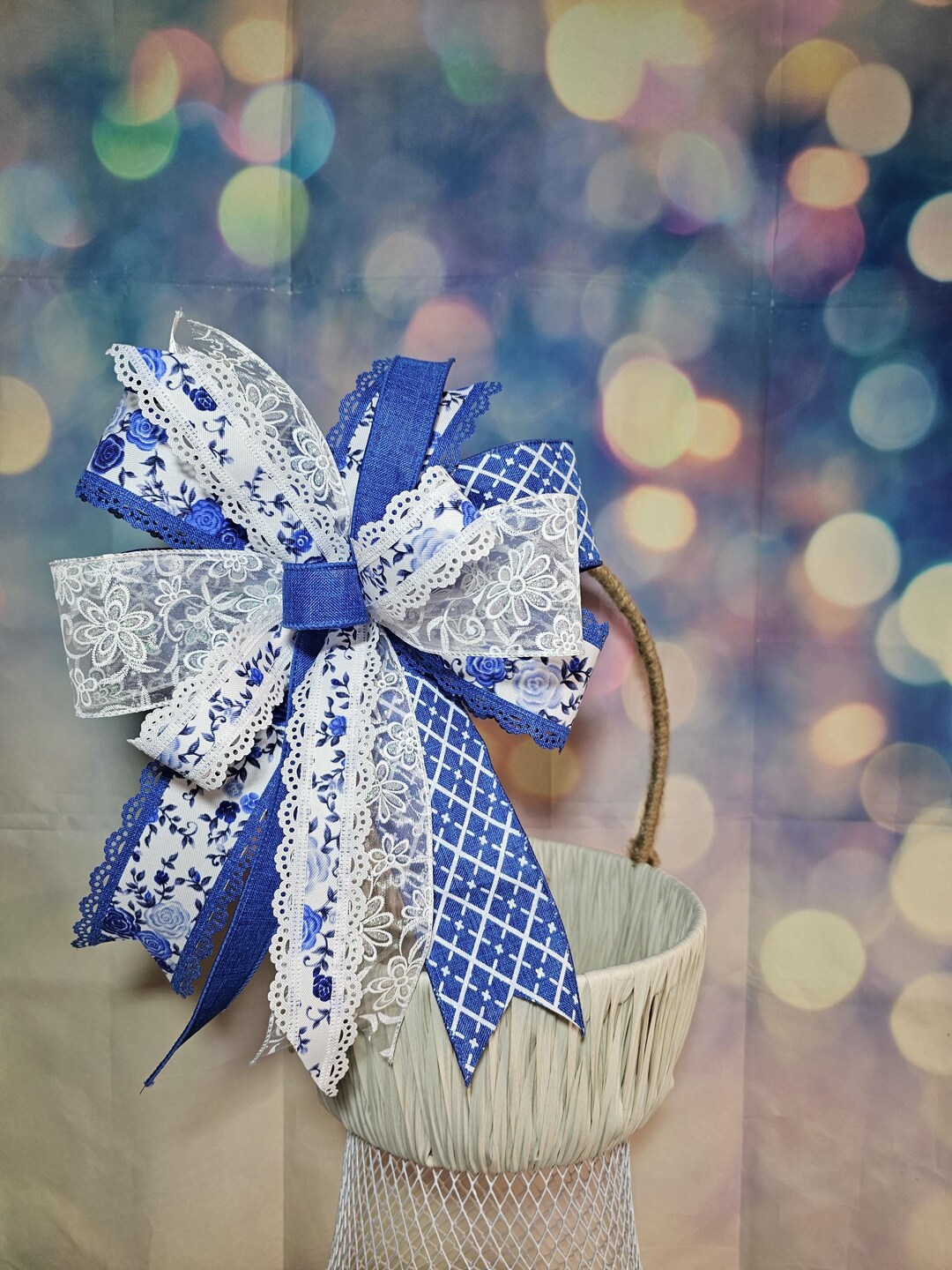Blue Toile Wired Ribbon Bow, Lace Accents, Farmhouse Wreath Decor - Etsy