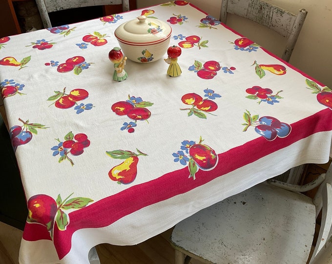 Vintage Tablecloth Colorful Fruit Pedigree Apples Pears More Retro ...