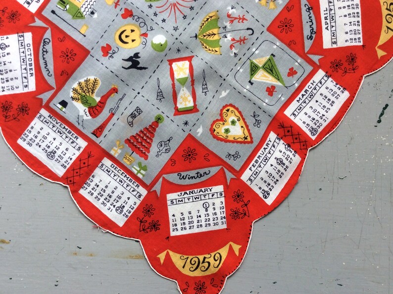 Vintage 1959 Calendar Hankie Tammis Keefe Holiday Retro Fun | Etsy
