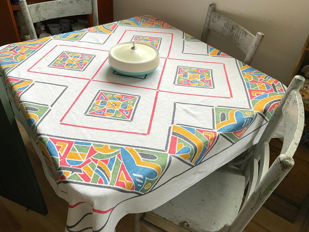 Vintage Tablecloth Art Nouveau Stained Glass Colorful Mosaic Pattern - Etsy