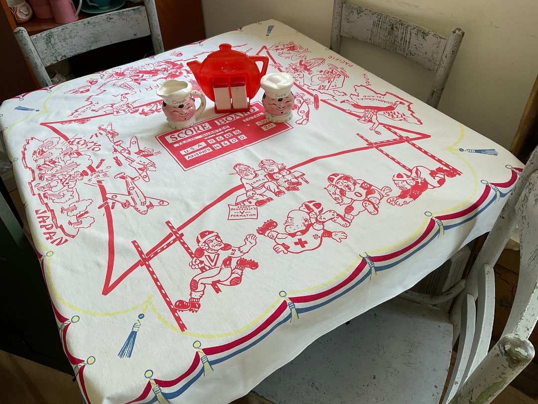 Vintage WWII Tablecloth War Played on the Football Field Retro Kitchen ...