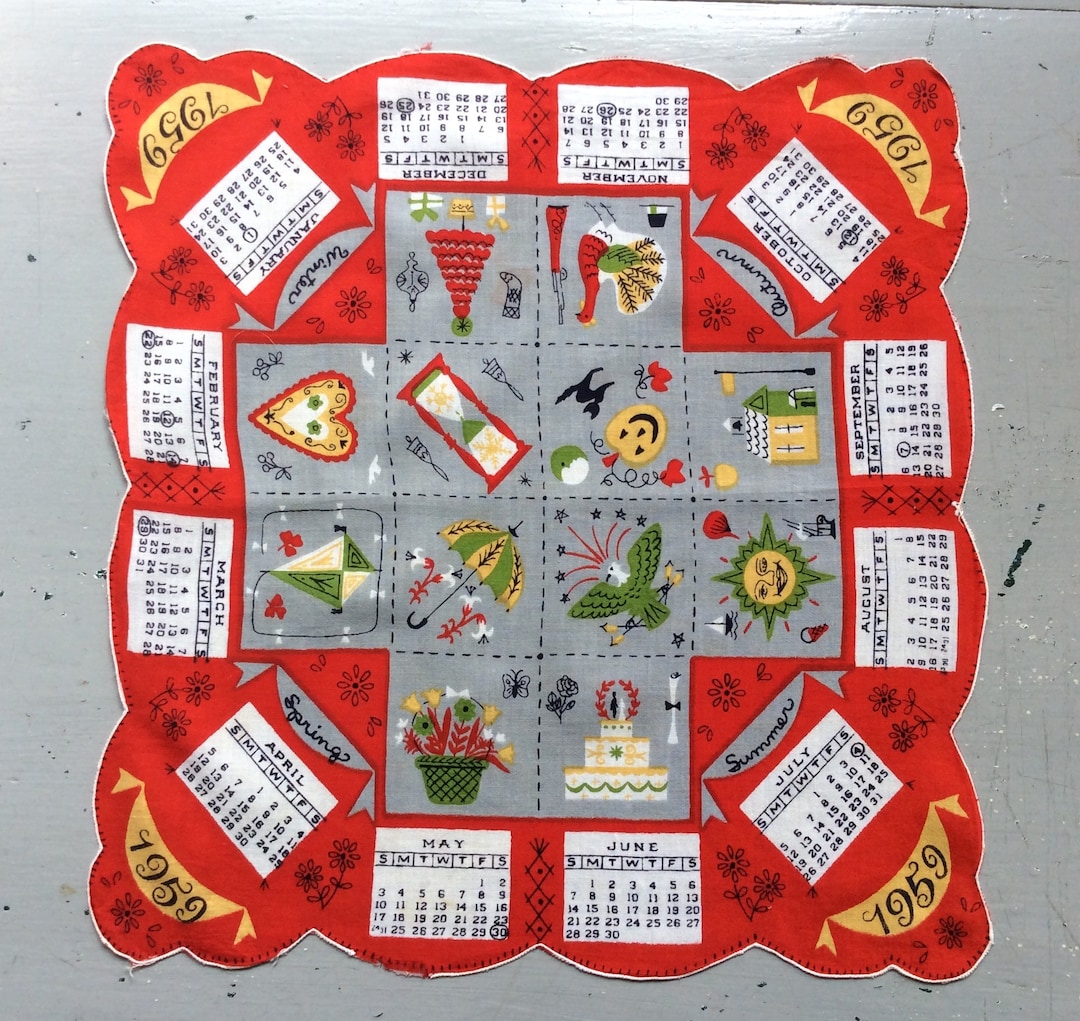 Vintage 1959 Calendar Hankie Tammis Keefe Holiday Retro Fun - Etsy