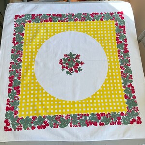 Vintage Tablecloth Sunny Strawberries & Cherries W a Checkered Fence ...