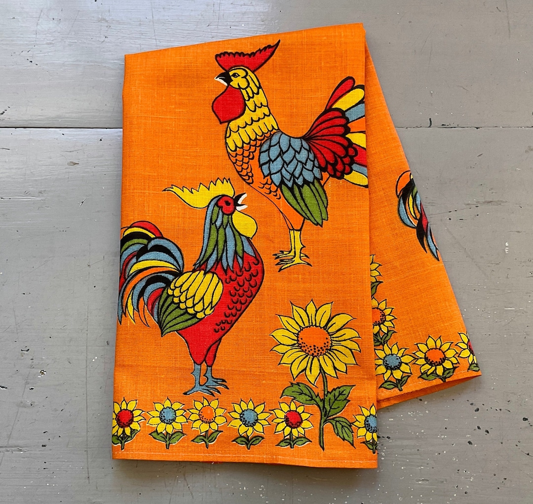 Vintage Towel Roosters in the Sunflowers Groovy Kitchen Fun - Etsy