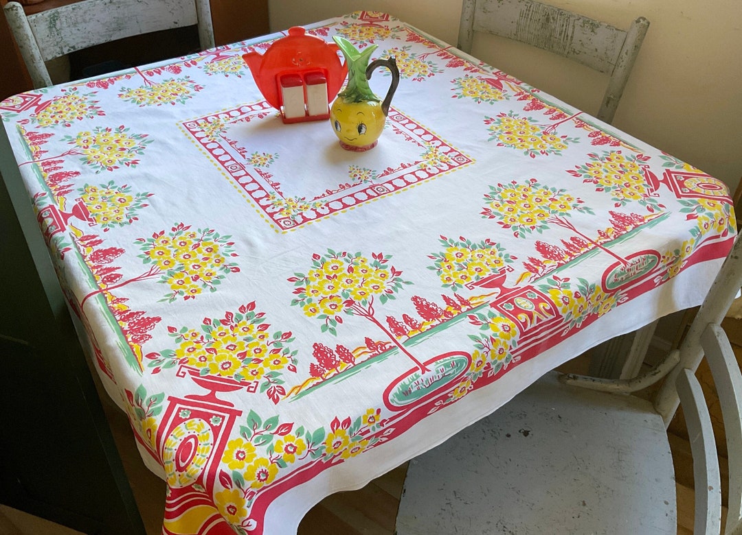 Vintage Tablecloth Colorful Arboretum Filled With Trees & Potted Plants ...