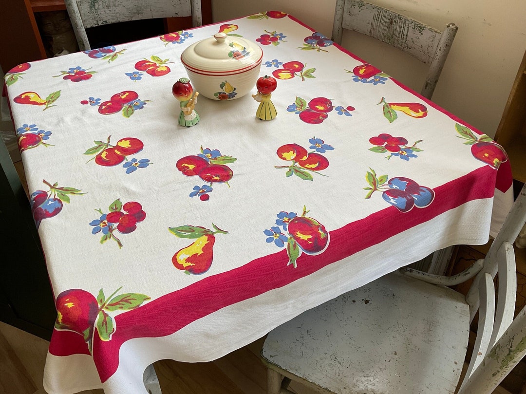 Vintage Tablecloth Colorful Fruit Pedigree Apples Pears More Retro ...