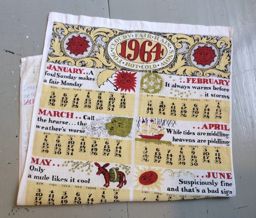 Vintage 1964 Calendar Towel Mid Century Almanac Style Lois Long Retro ...