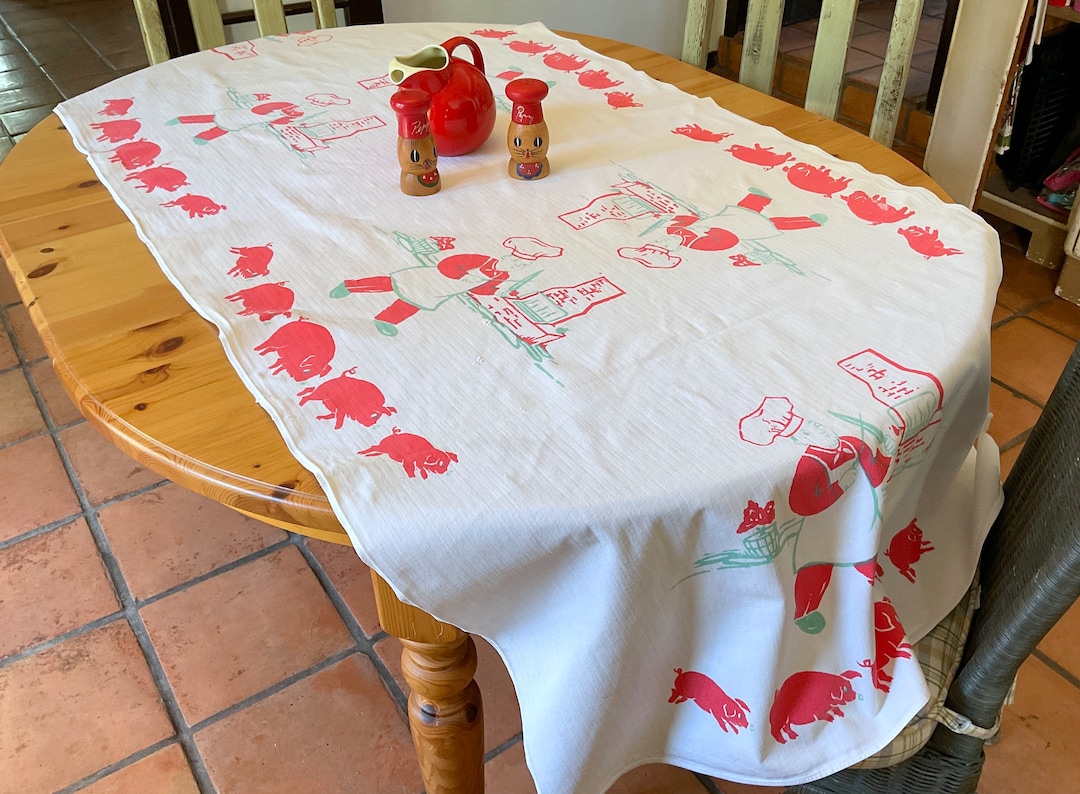 Vintage BBQ Tablecloth Master Chef & Little Piggies Barbecue Retro ...