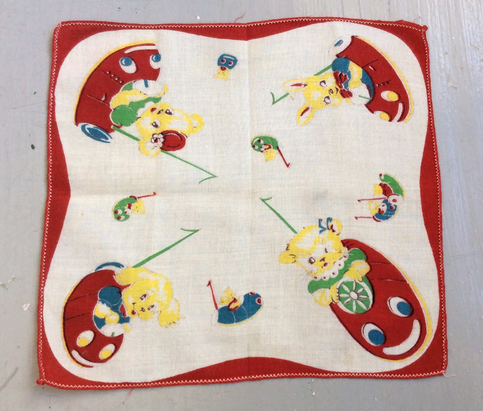 Vintage Hankie Puppies Kittens and Bunnies in Bumper Cars Retro Child's ...