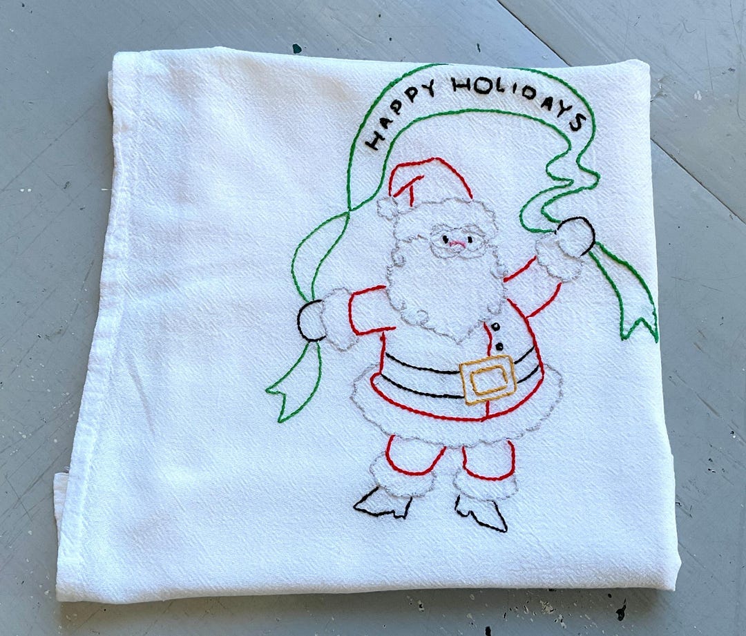 Vintage Christmas Embroidered Santa Wishes You Happy Holidays - Etsy