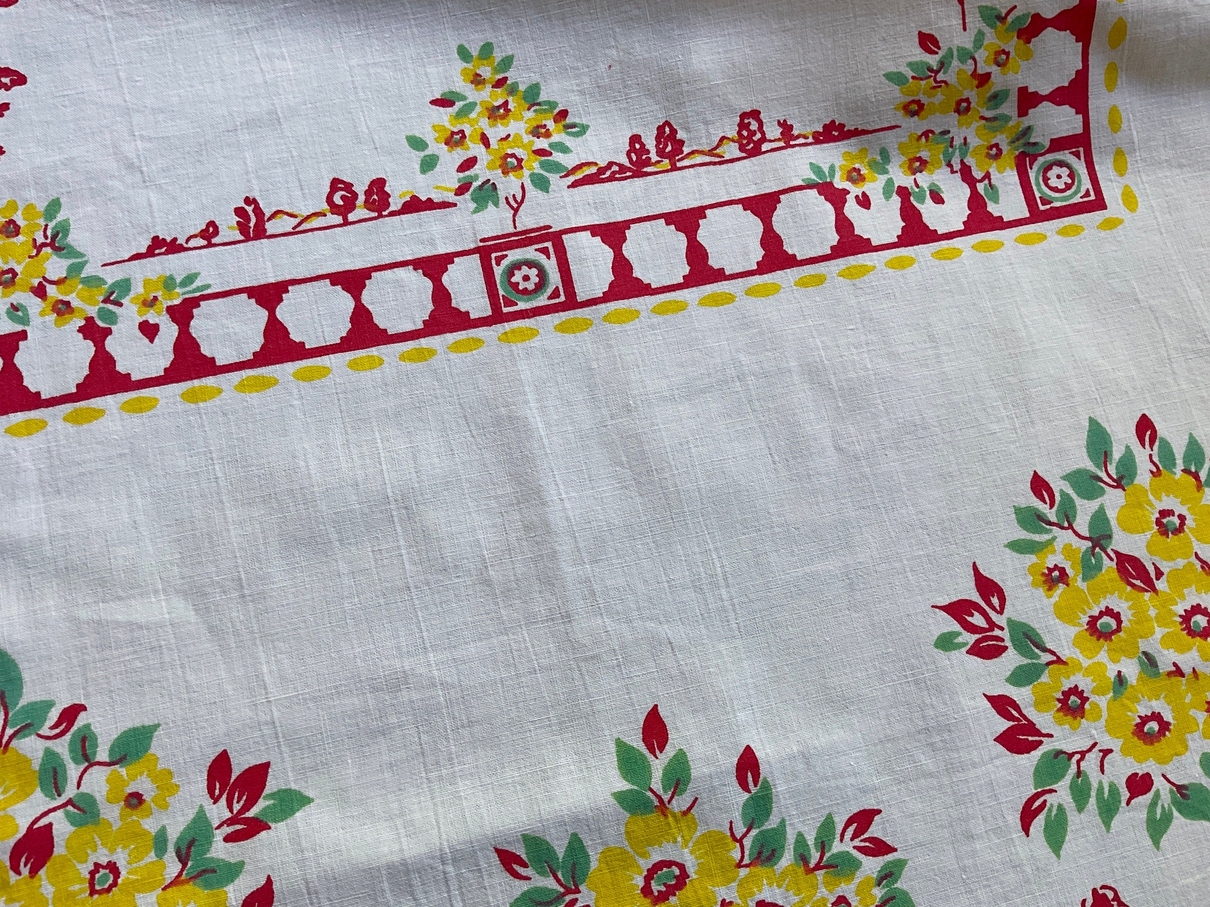 Vintage Tablecloth Colorful Arboretum Filled With Trees & Potted Plants ...
