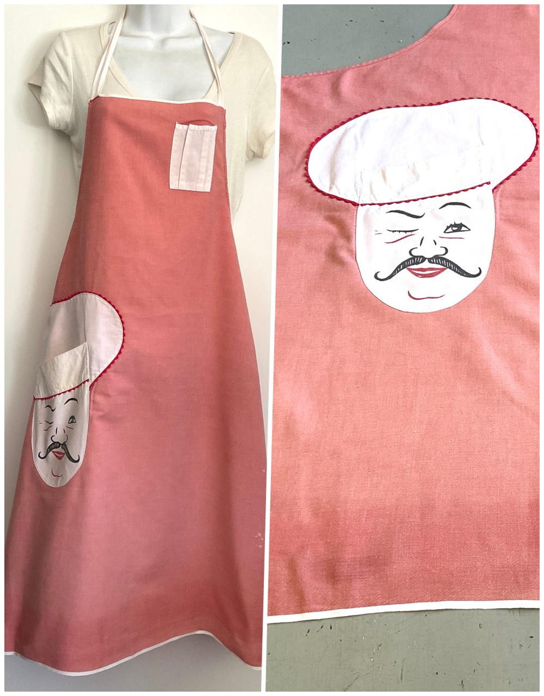 Vintage BBQ Apron Winking Applique Chef Full Bib Kitchen Retro Barbecue ...