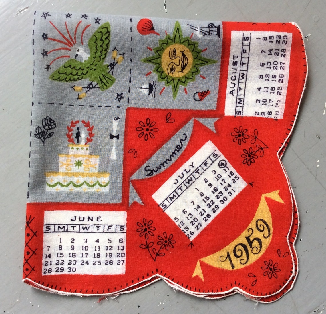 Vintage 1959 Calendar Hankie Tammis Keefe Holiday - Etsy