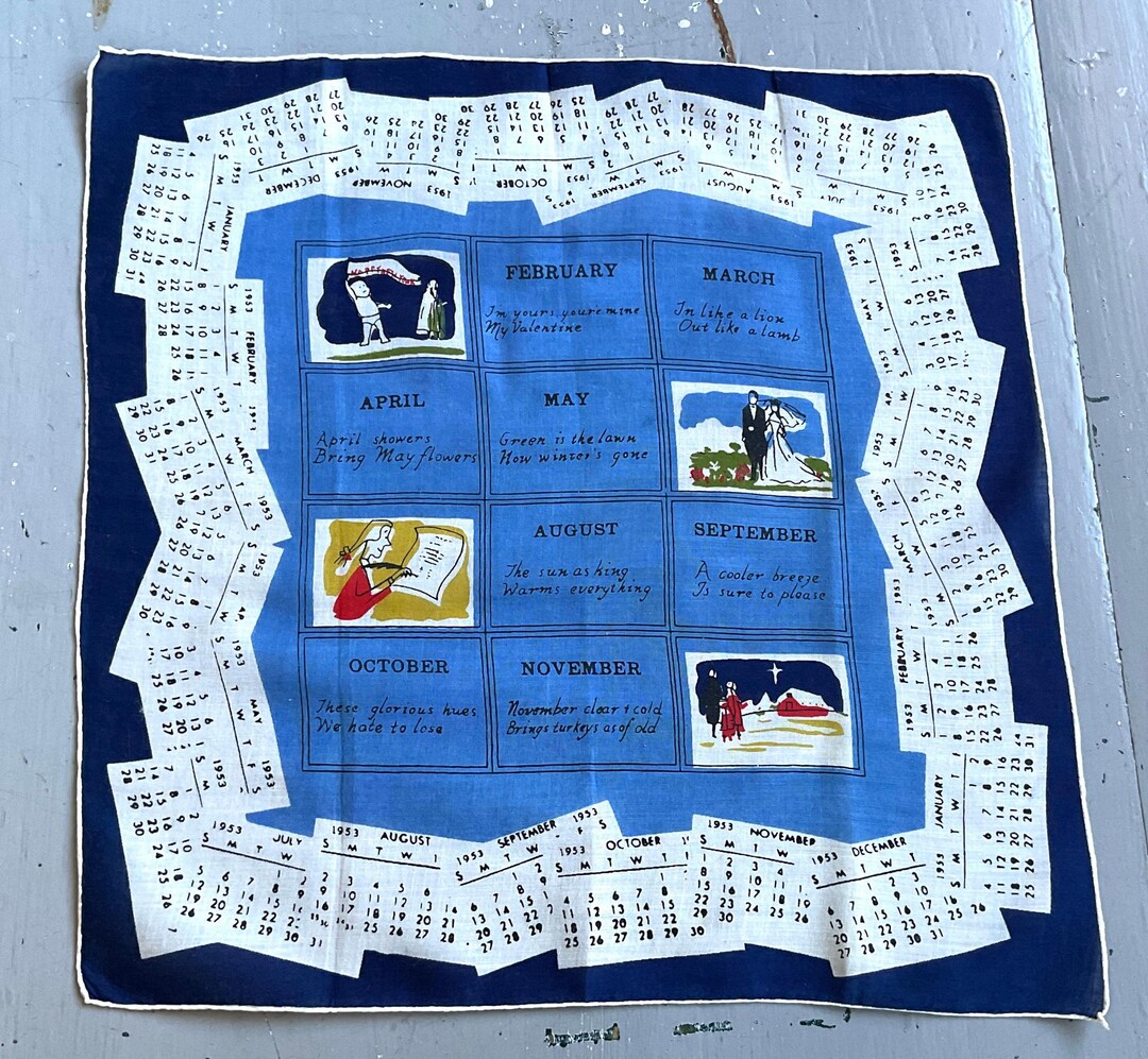 Vintage 1953 Calendar Hankie Celebrate Each Month With a Saying - Etsy
