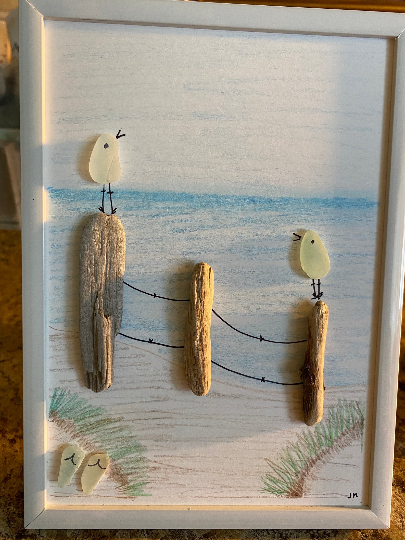 Sea Glass Picture With Birds Sitting on Drift Wood Posts. Sea Glass ...