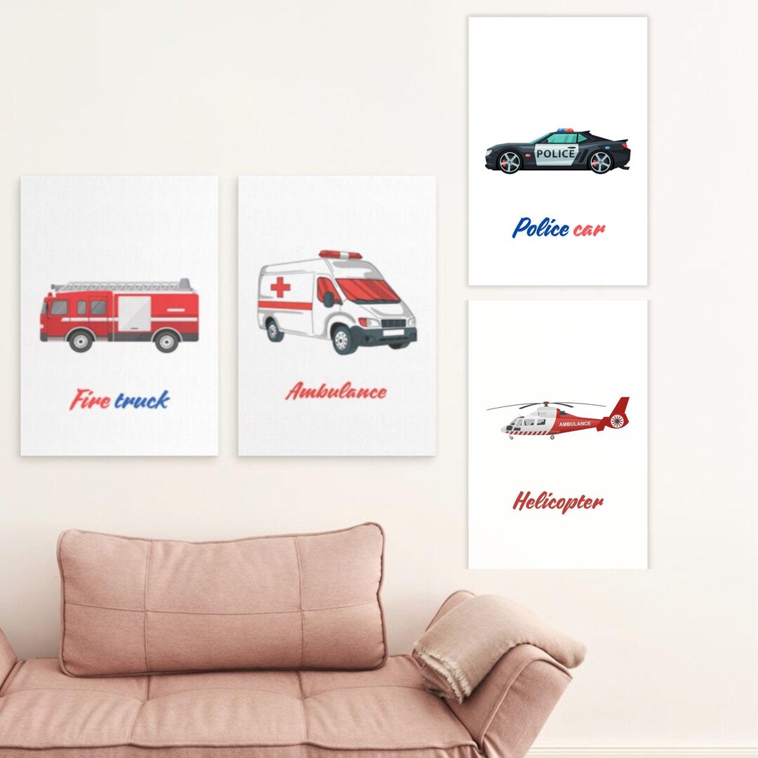 Set of 4 Rescue Vehicle Prints, Trucks Car Art, Transportation Decor ...