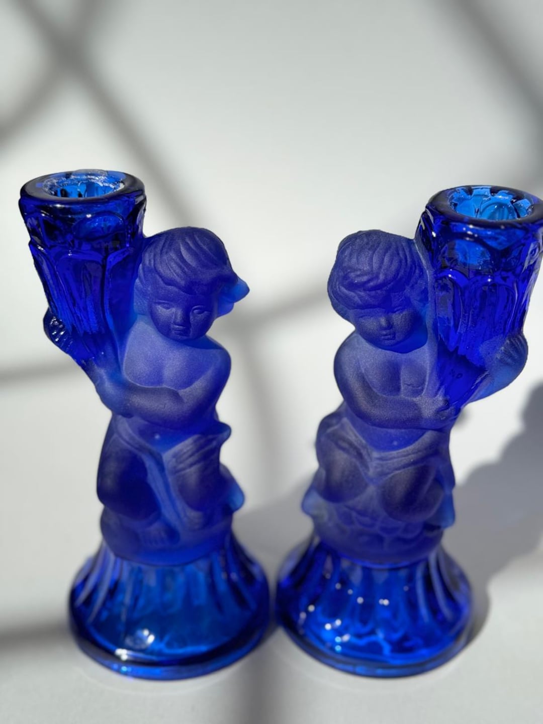 Set of 2 1960s Vintage Art Deco Cobalt Blue Glass Cherub Candle Holders ...