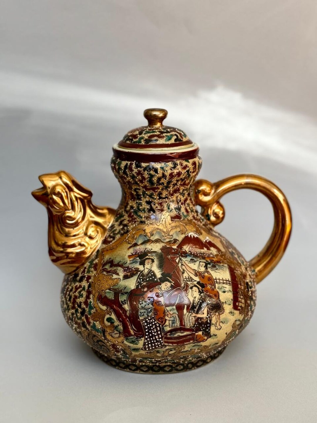 Vintage 1950s Big Asian Satsuma Hand Painted Dragon Head Teapot - High ...