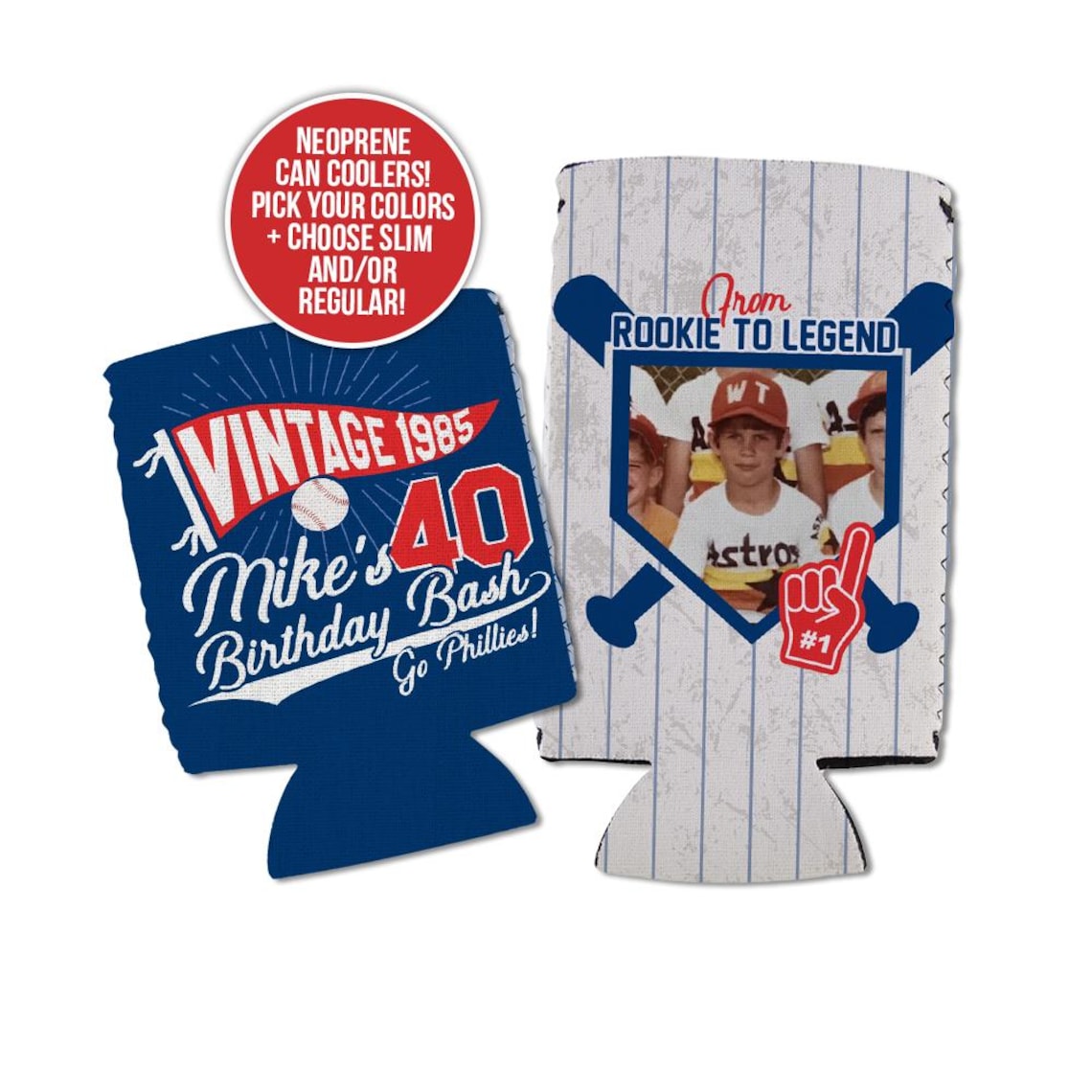 40th Birthday Photo Slim or Regular Can Coolie Baseball Theme Birthday ...