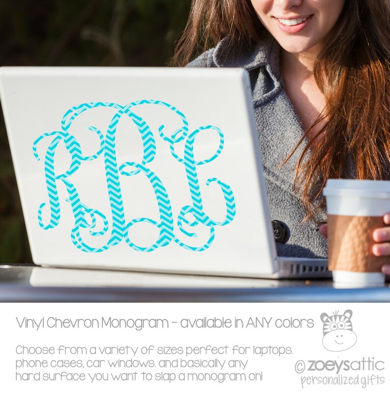 Chevron Monogram Decal Vine Script Monogram for Laptops Car | Etsy