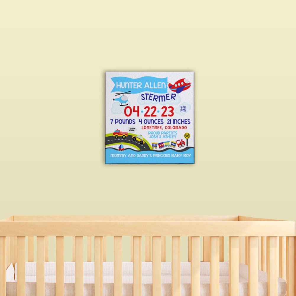 Birth Announcement Print on Canvas TRANSPORTATION Plane, Car, Train ...