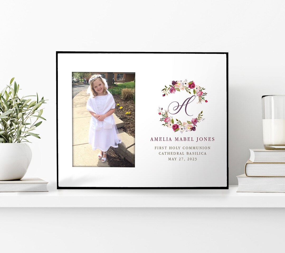 First Holy Communion Photo Frame Gift Initial Monogram Floral Wreath ...
