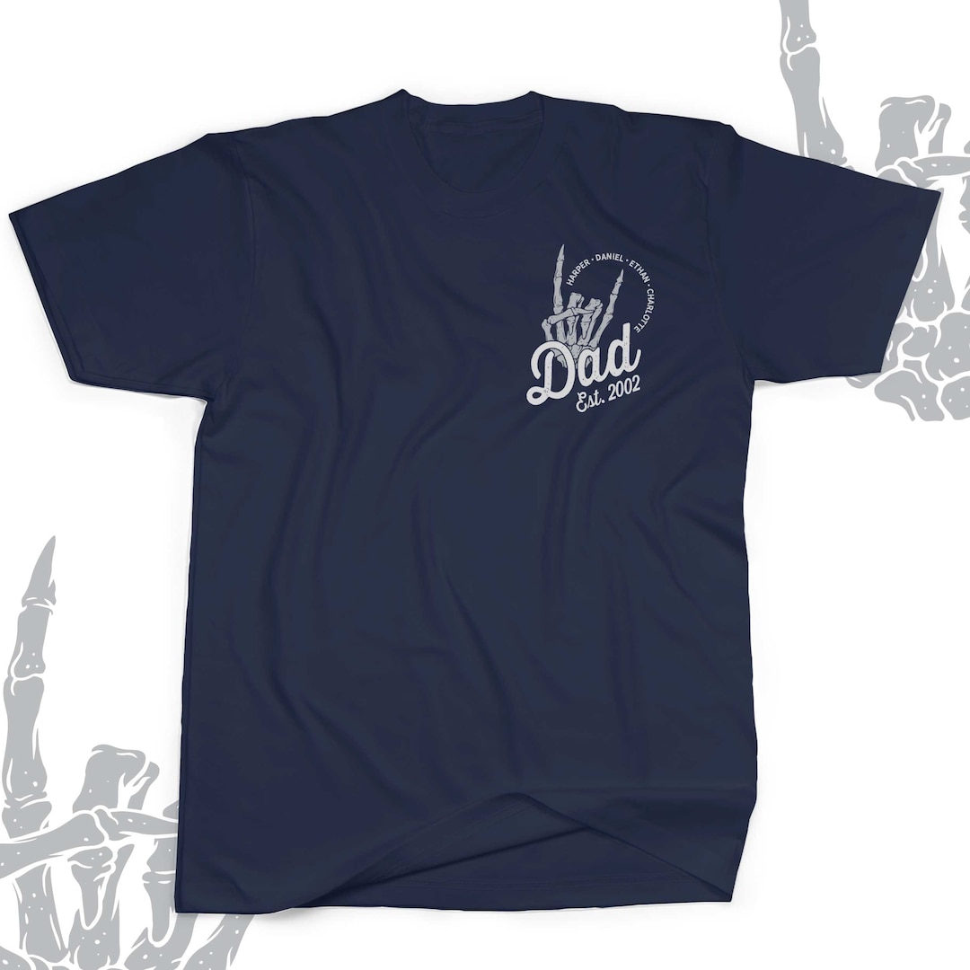 Dad Rocker Skeleton Hand Personalized Names DARK Tshirt | Dad, Papa, or ...