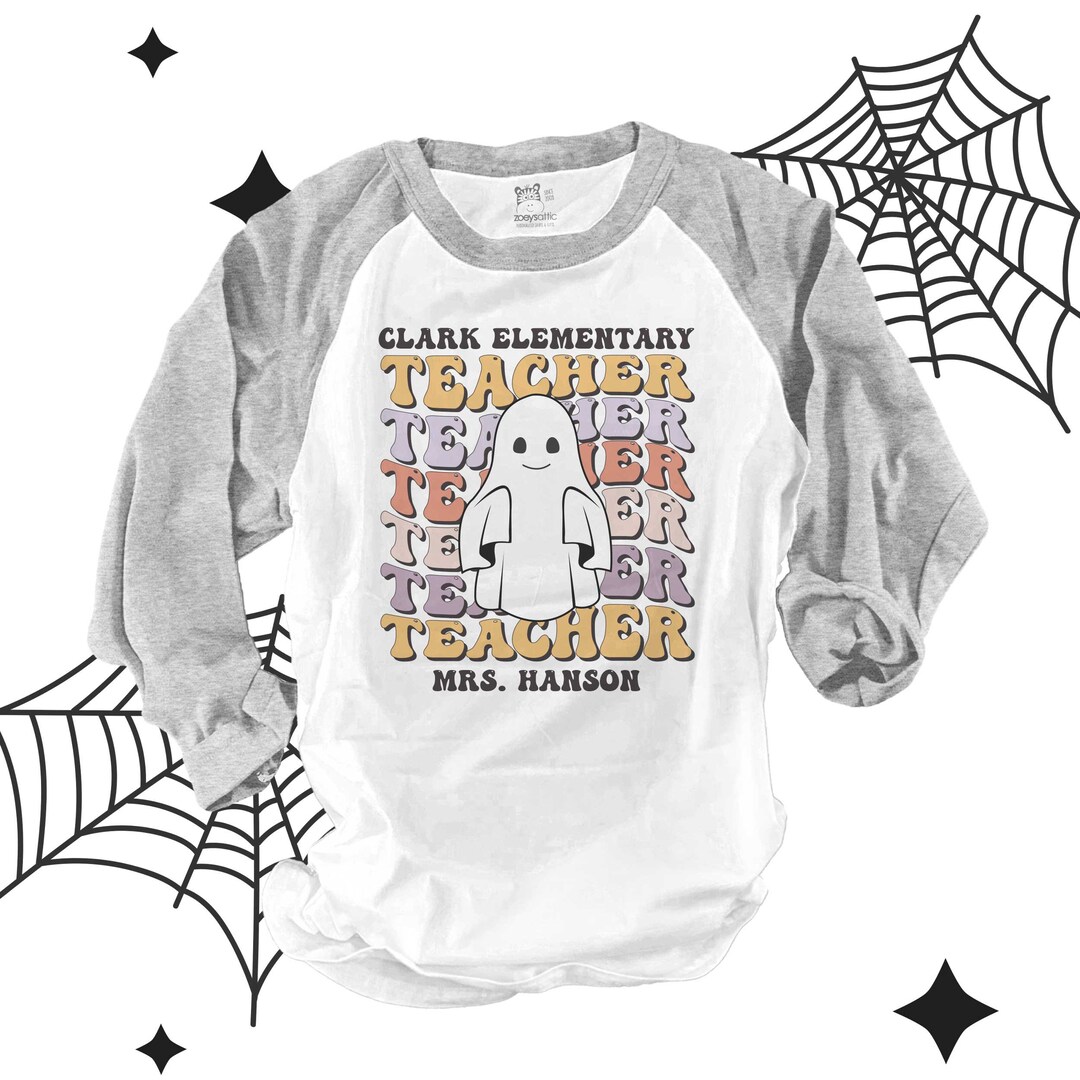 Groovy Ghost Teacher Retro Wavy Font Teacher Halloween Teacher Raglan ...