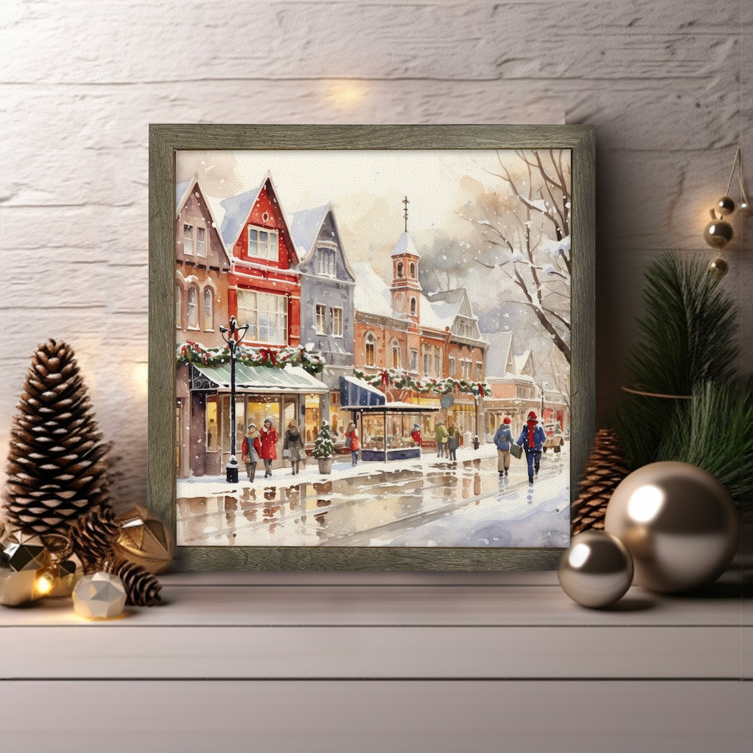 Snowy Holiday Decorated Storefronts Street Scene Framed Vintage ...