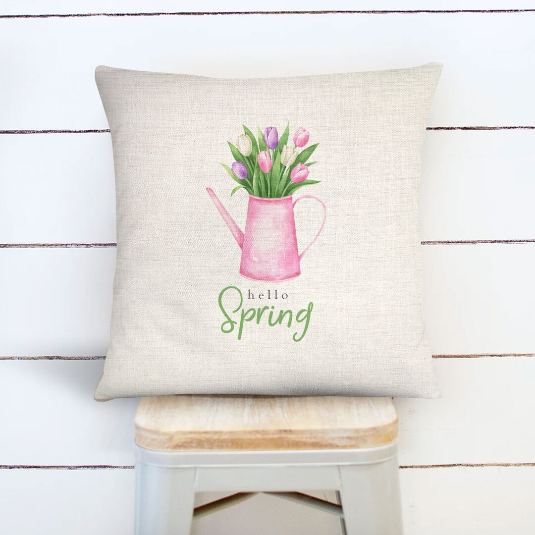 Hello Spring Pillow Cover Pillow | Tulips in Watercolor Watering Can ...