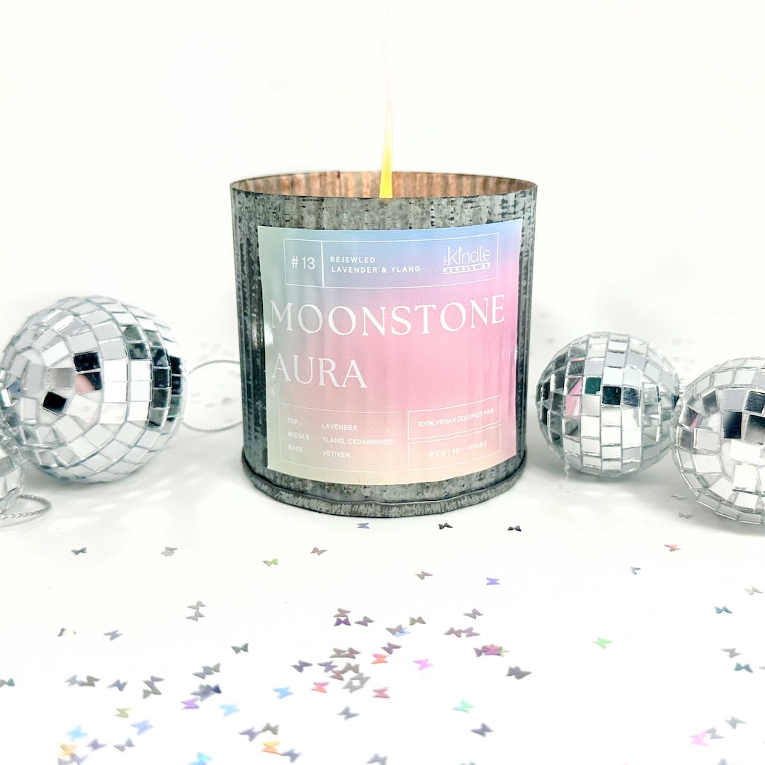 Moonstone Aura Candle Rustic Tin Wood Wick Bejewled Candle Vegan ...