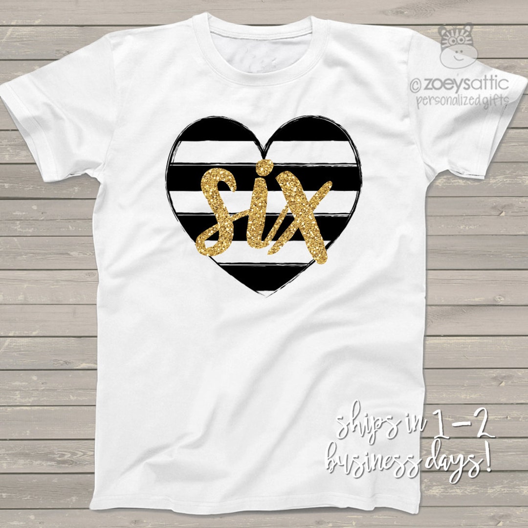 Sixth Birthday Gold Glitter Six Black White Striped Heart 6th Birthday ...