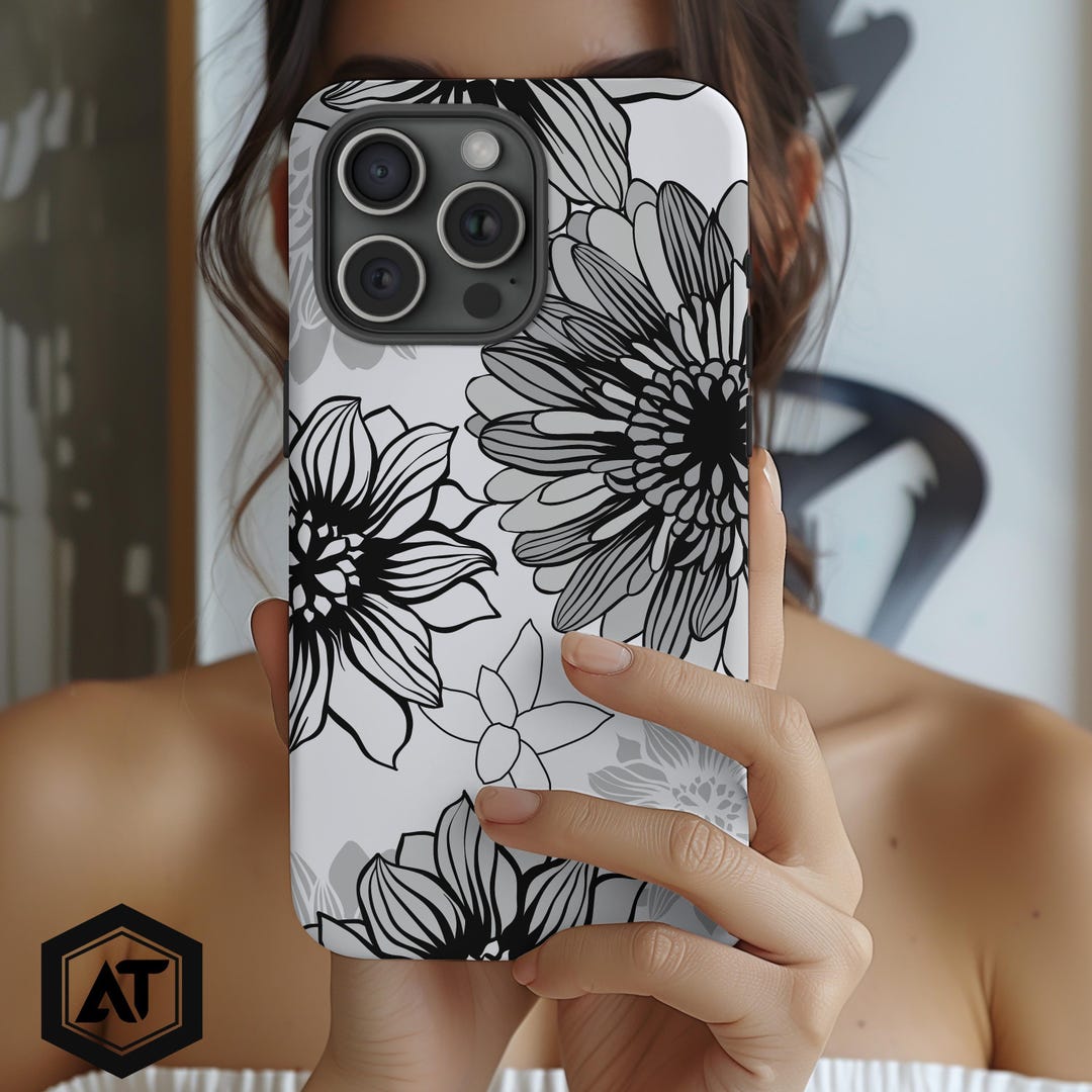 Stylish Black and White Floral Phone Case, Unique Flower Design Phone ...