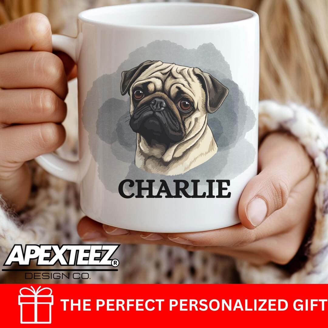 Pug Dog Mug With Name, Customizable Pet Portrait Coffee Mug ...