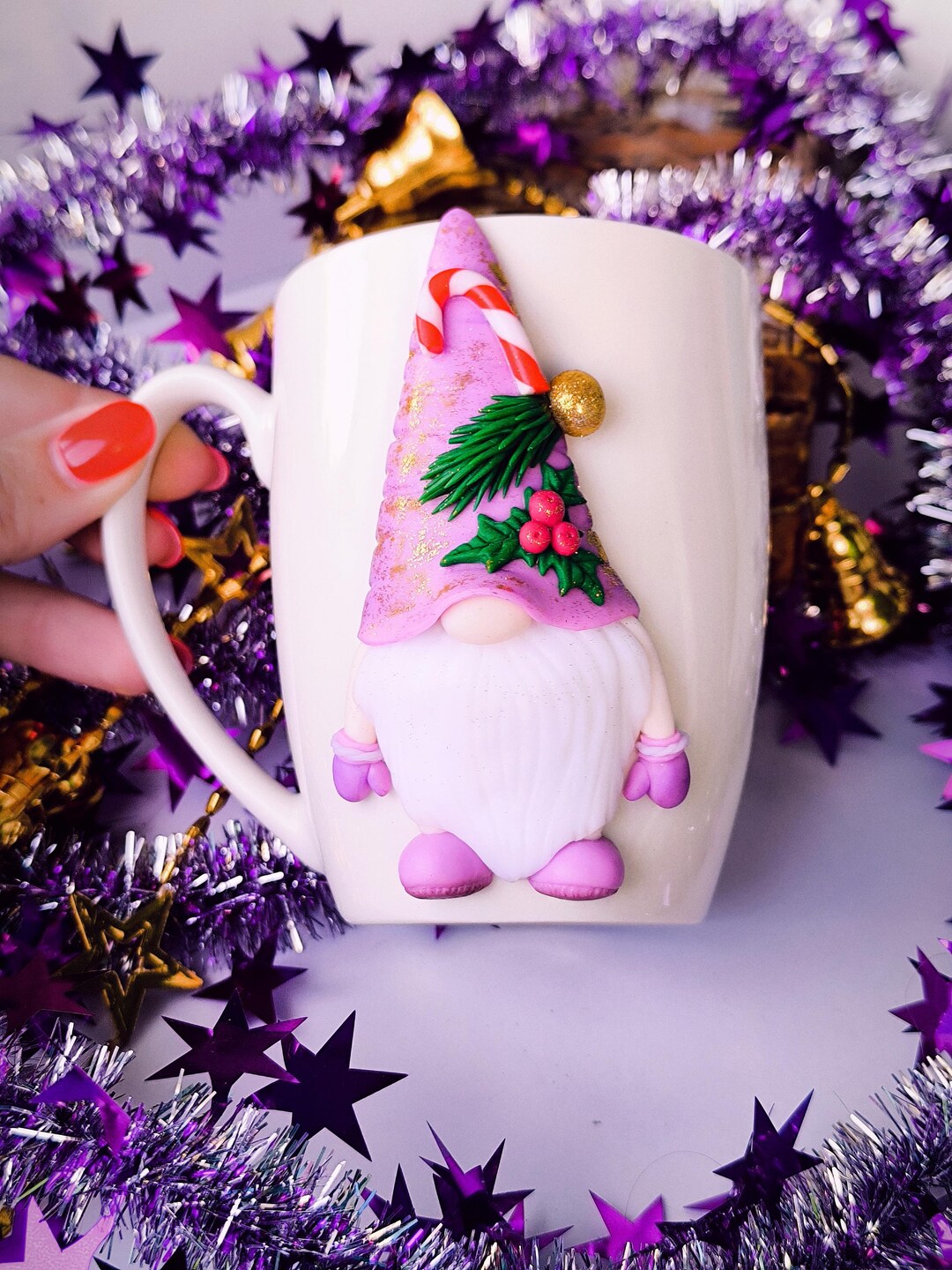 Christmas Gnome Coffee Mug, Cute Gnome Cup, Polymer Clay Mug, Spoon ...