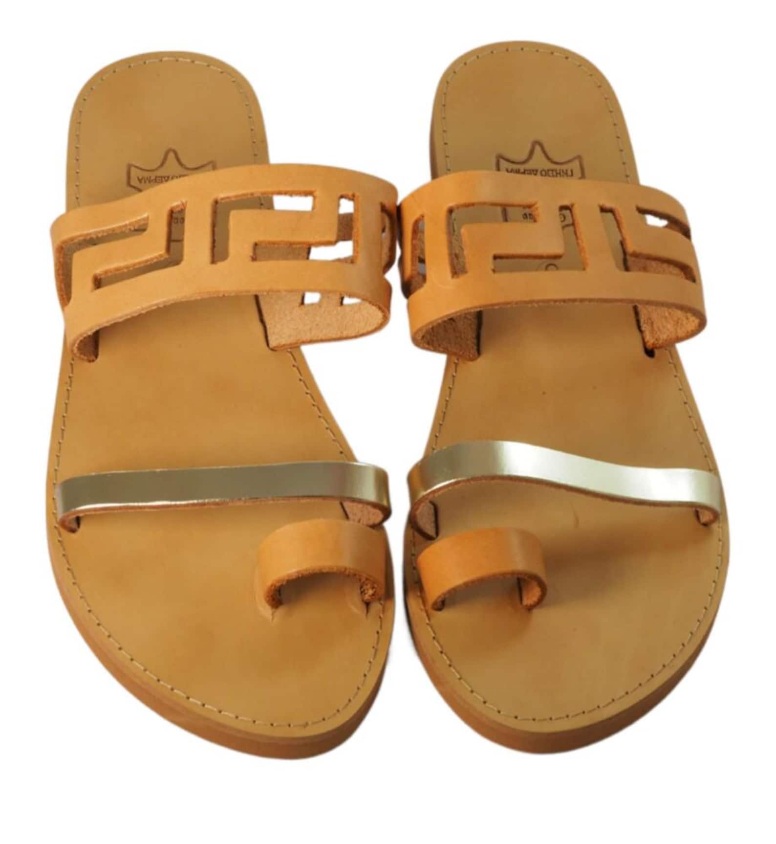Handmade Leather Sandals - Meander Design With Golden Strap - 100% ...