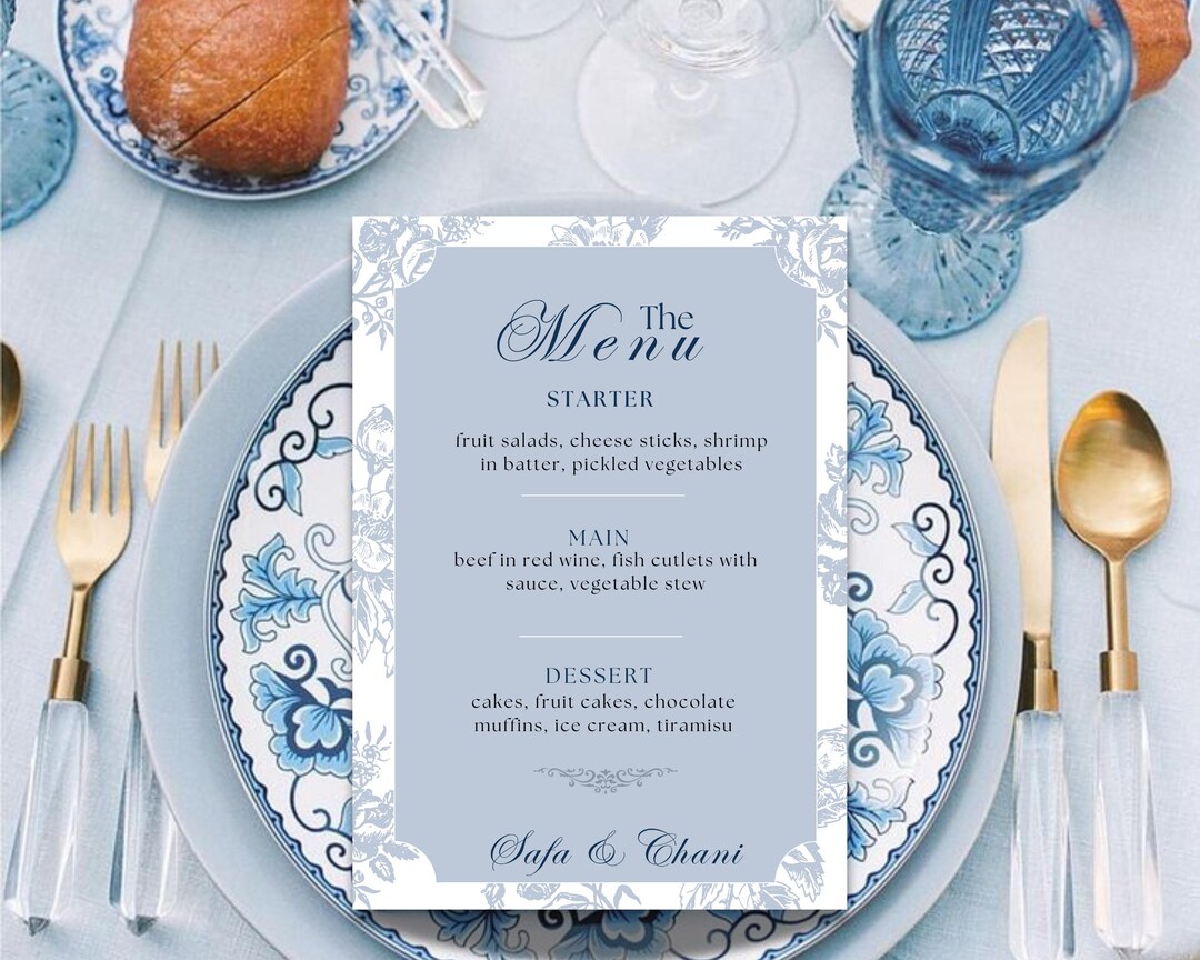Chinoiserie Wedding Menu Template, Dusty Blue Dinner Menu (digital ...