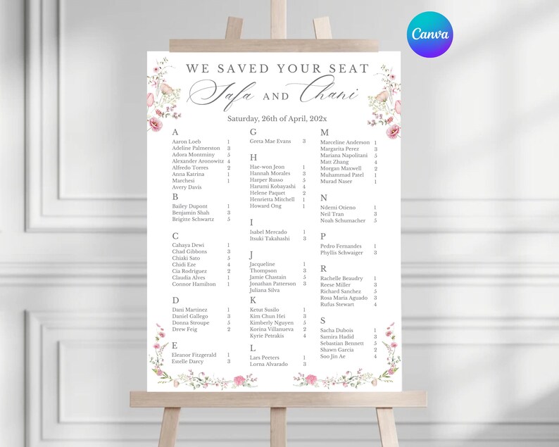 Wildflower Wedding Seating Chart Sign Editable Table Arrangement Sign ...