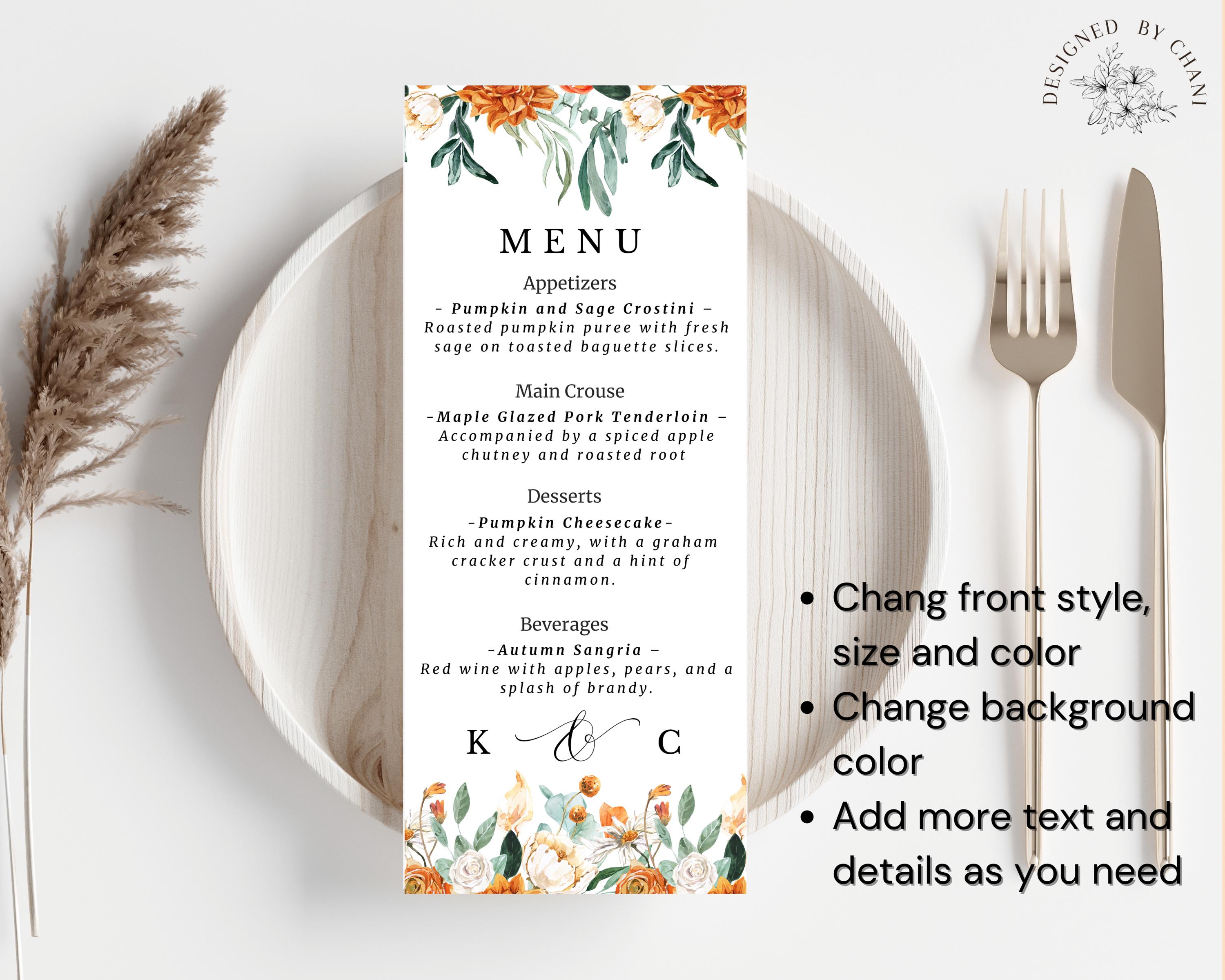 Orange Floral Wedding Menu Template, INSTANT DOWNLOAD, Orange Wedding ...
