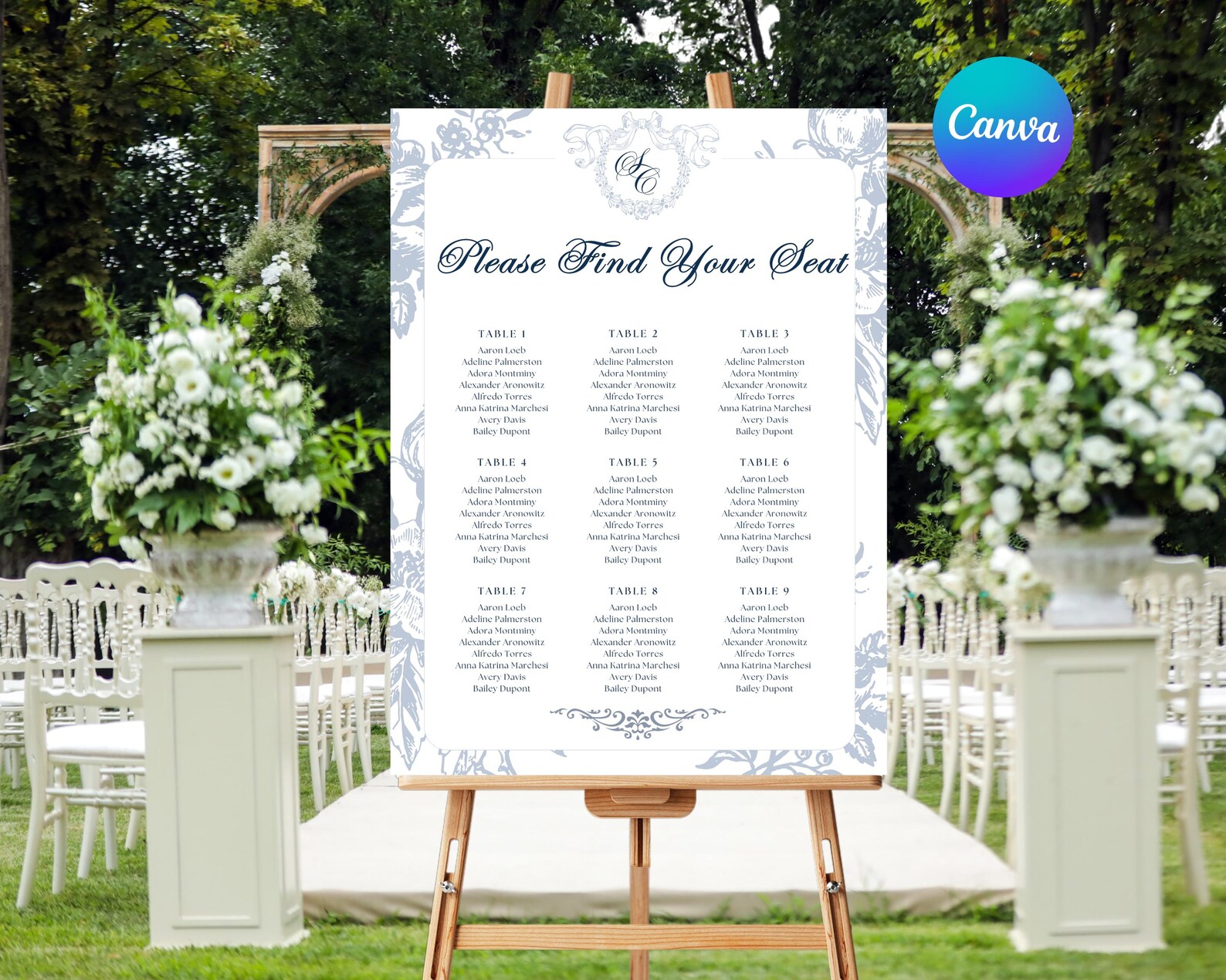 Blue Toile Wedding Seating Chart Template, DIY Table Sign (canva) - Etsy