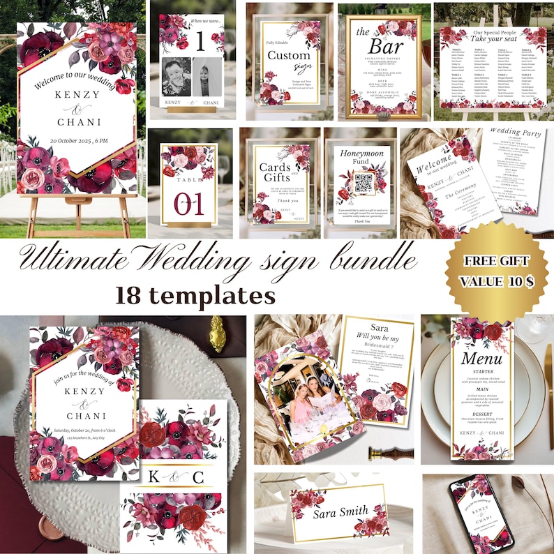 Burgundy Floral Wedding Template Bundle RSVP Details Table Menu Table ...