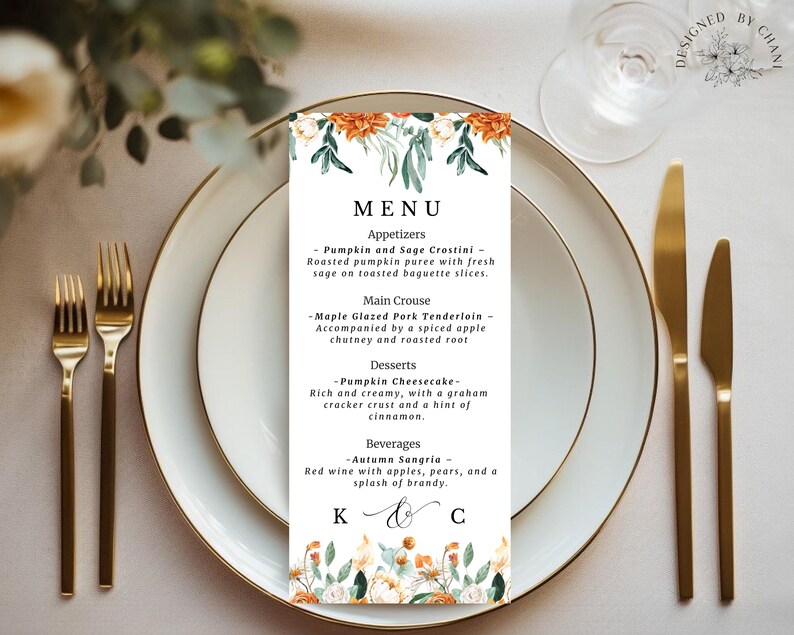 Orange Floral Wedding Menu Template, INSTANT DOWNLOAD, Orange Wedding ...
