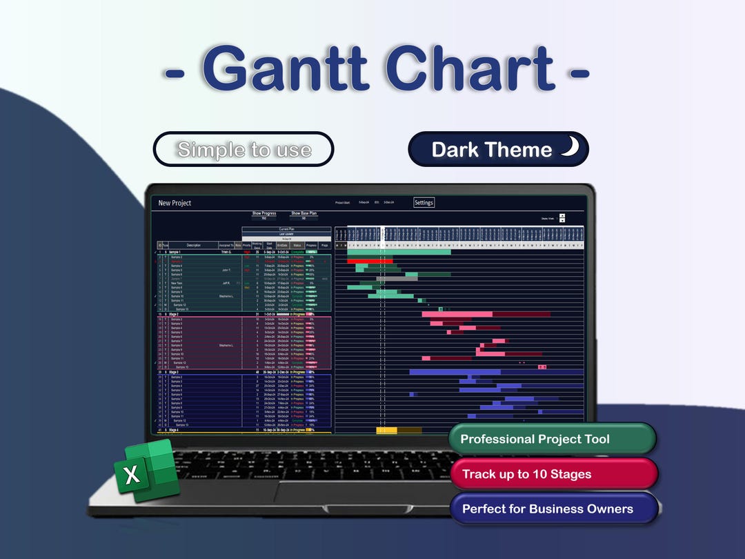 Gantt Chart Excel Template | Dark Theme Project Planner | Small ...