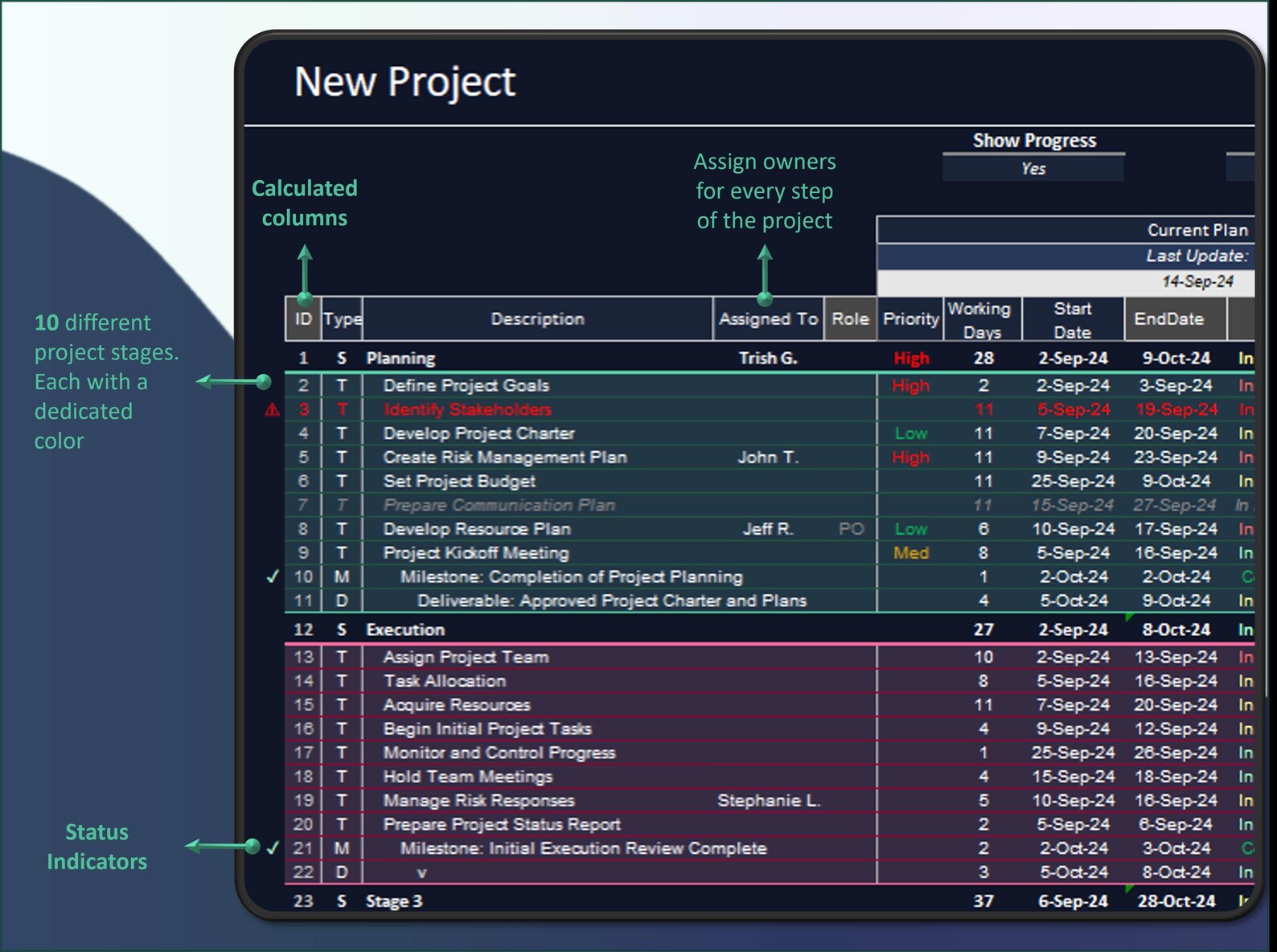 Gantt Chart Excel Template | Dark Theme Project Planner | Small ...