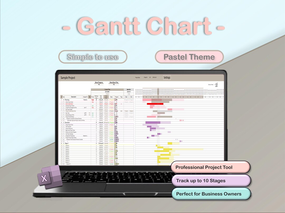 Pastel Gantt Chart Excel Template | Project Planner & Task Tracker ...