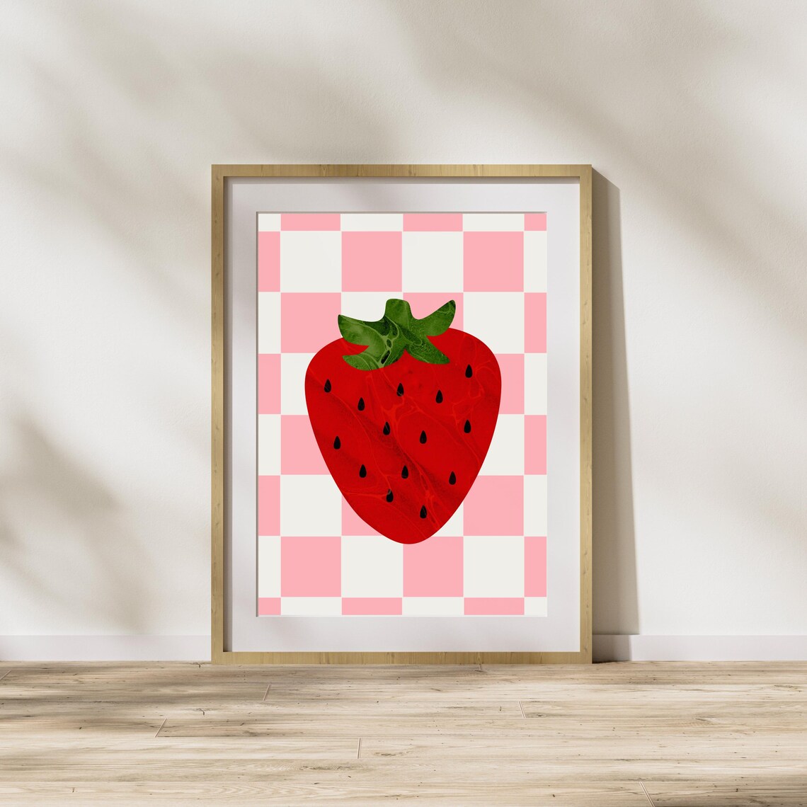 Pink Strawberry Poster, Pink and White Checkered Strawberry Art Print ...